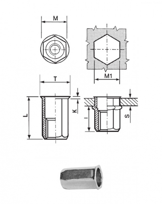 FIXI | Hexagonal steel threaded inserts - Reduced countersunk Head