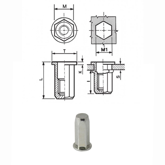 FIXI | Hexagonal steel threaded inserts - Closed end type flat head