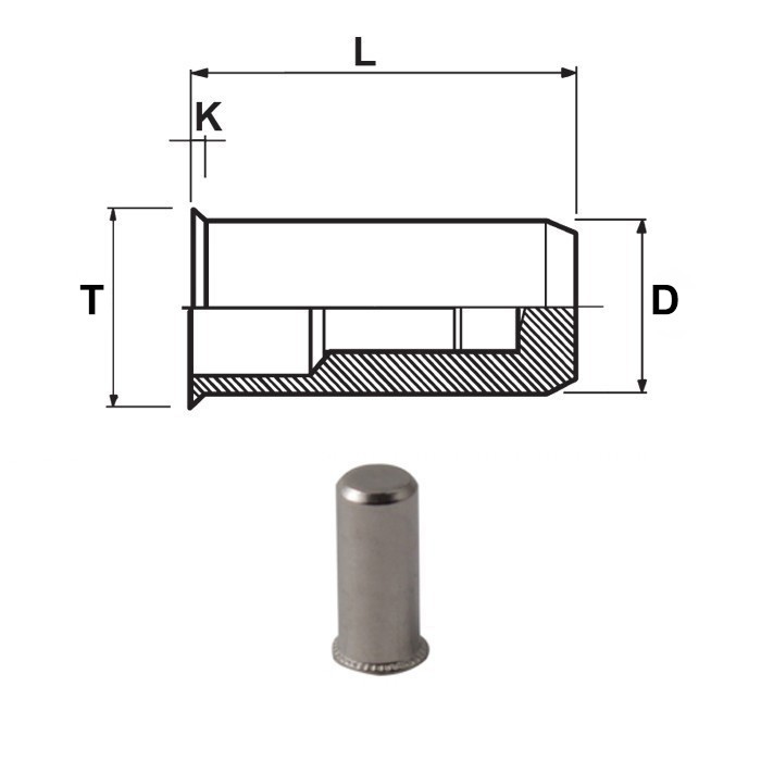 FIXI | Cylindrical A4 stainless steel threaded inserts closed end type - Reduced countersunk h.