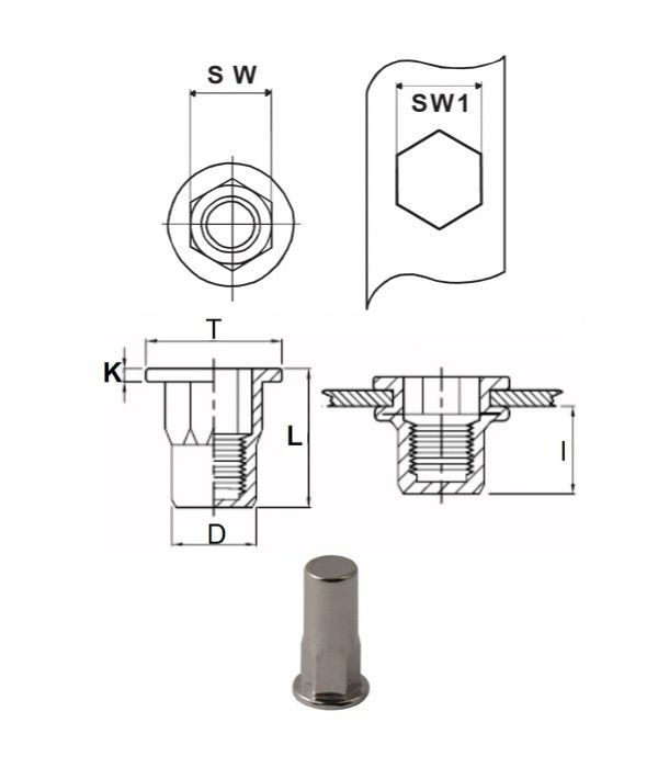 FIXI | Semi-Hexagonal threaded inserts closed end type - Flat h.